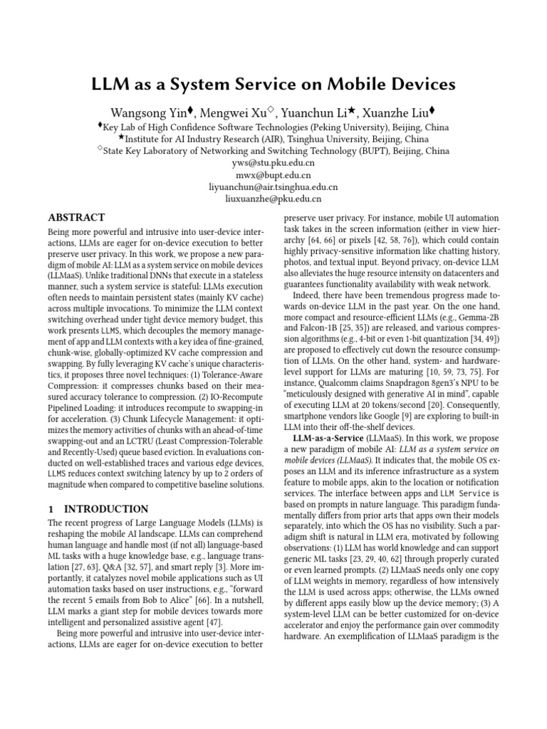 LLM As A System Service On Mobile Devices: Wangsong Yin, Mengwei Xu ...