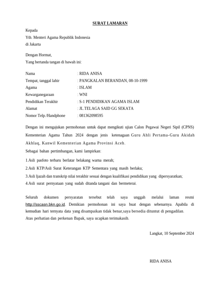 Surat Lamaran Rida | PDF