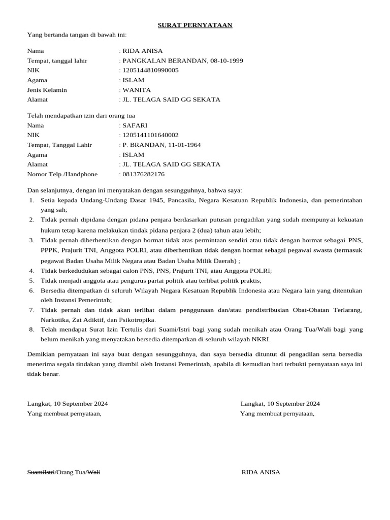 Surat Pernyataan Rida | PDF