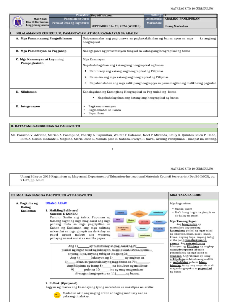 DLL Matatag - Araling Panlipunan 4 Q1 W8 | PDF