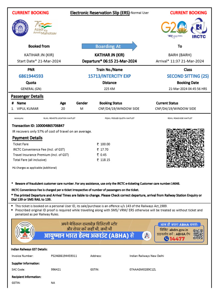 15713/intercity Exp Second Sitting (2S) | PDF