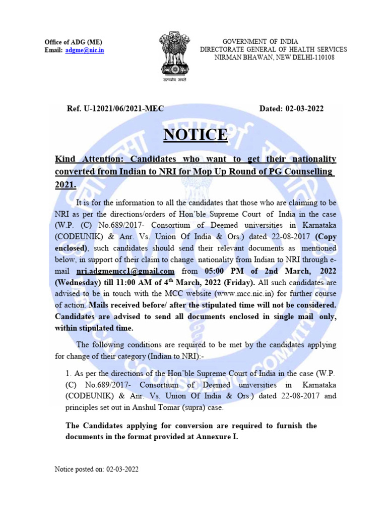 Notice For NRI Conversion For Mop Up Round | PDF