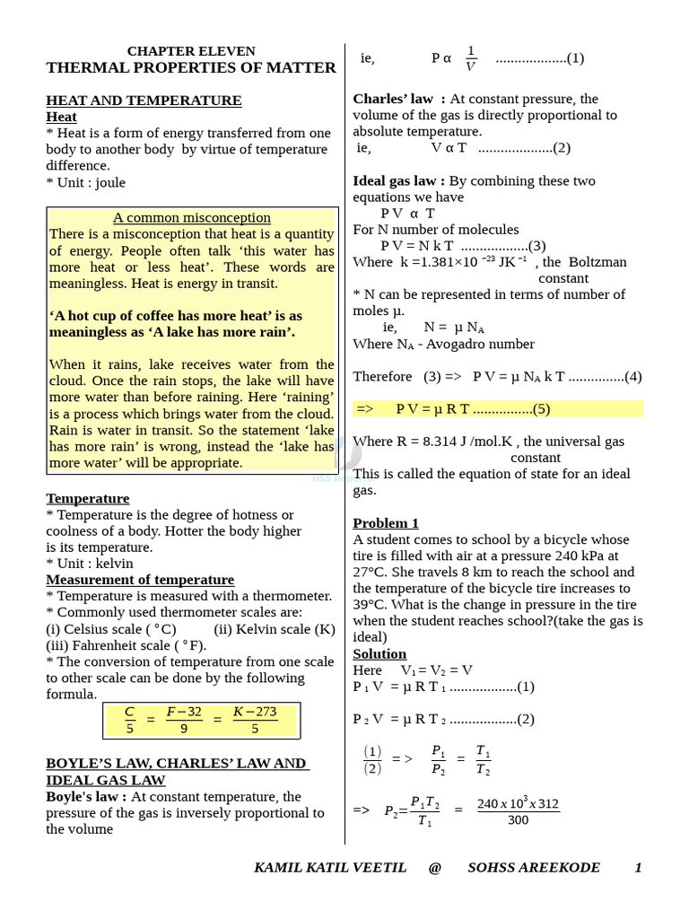 Chapter 11 Notes-Thermal Properties of Matter | PDF