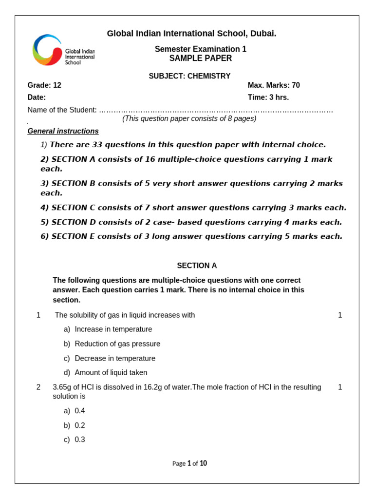 Chemistry-Grade 12-Semester Examination SAMPLE PAPER | PDF