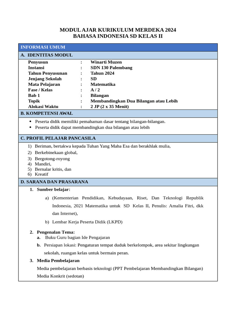Modul Ajar Bu Winarti Kelas 2a | PDF