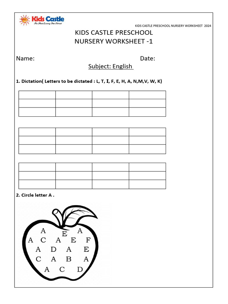 KIDS CASTLE PRESCHOOL NURSERY worksheet 1 | PDF