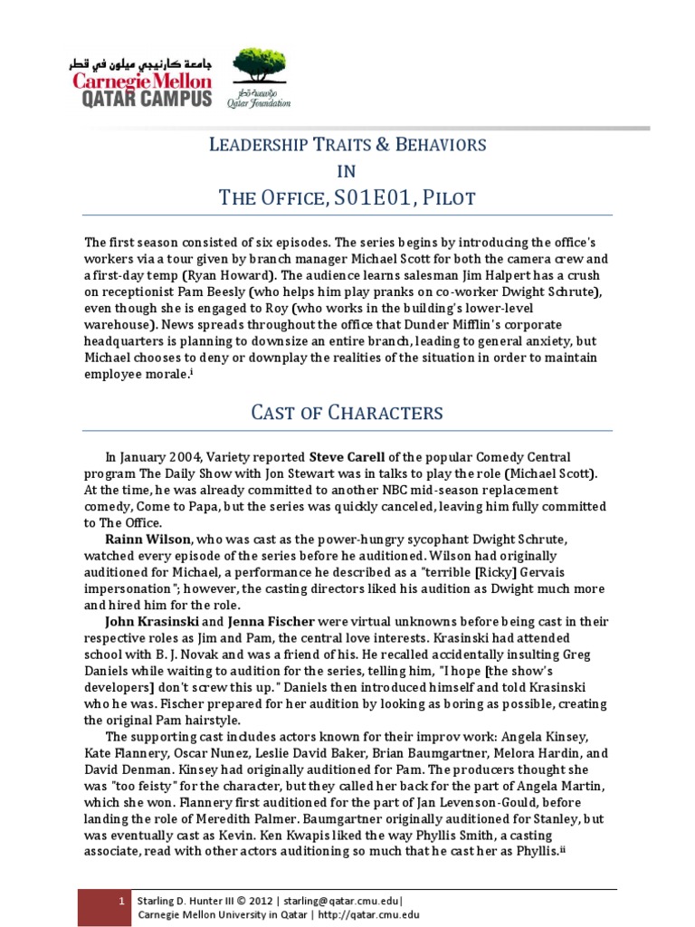 Leadership Behavior and Traits in "The Office", S01E01, Pilot | PDF ...