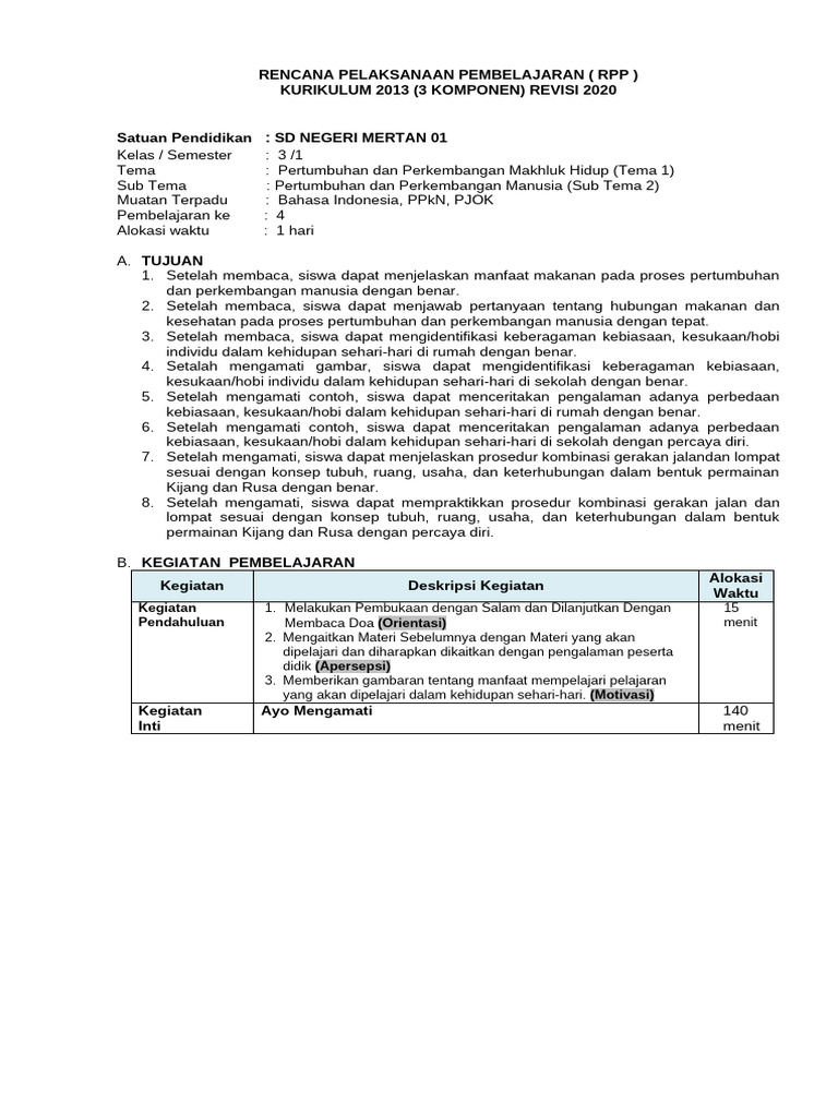 Rencana Pelaksanaan Pembelajaran (RPP) Kurikulum 2013 (3 Komponen) Revisi 2020 | PDF