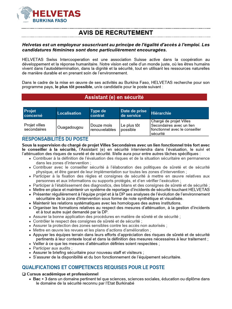 Avis de Recrutement - Assistant (E) Sécurité Villes 20-07-2023 | PDF