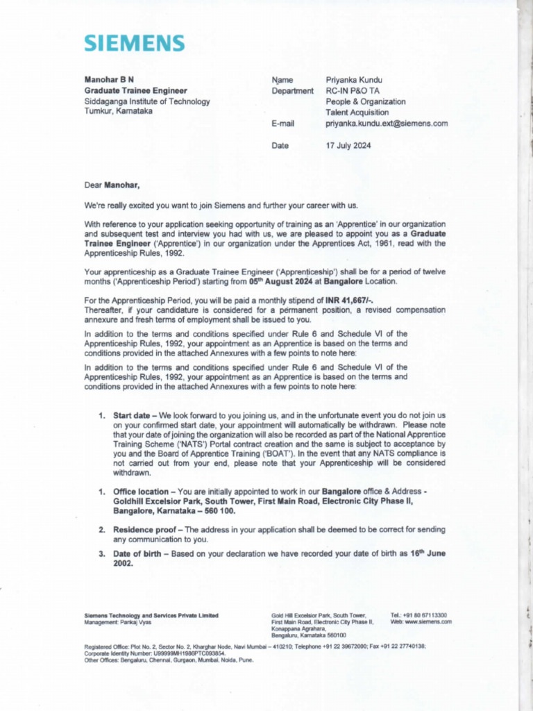 Manohar B N - Offer Letter Signed | PDF