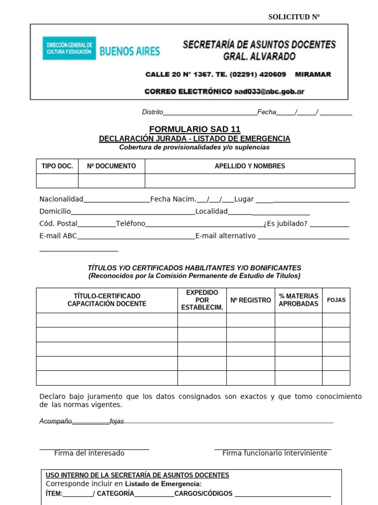 Form SAD 11 Declaracion Jurada EMERGENCIA_0 | PDF