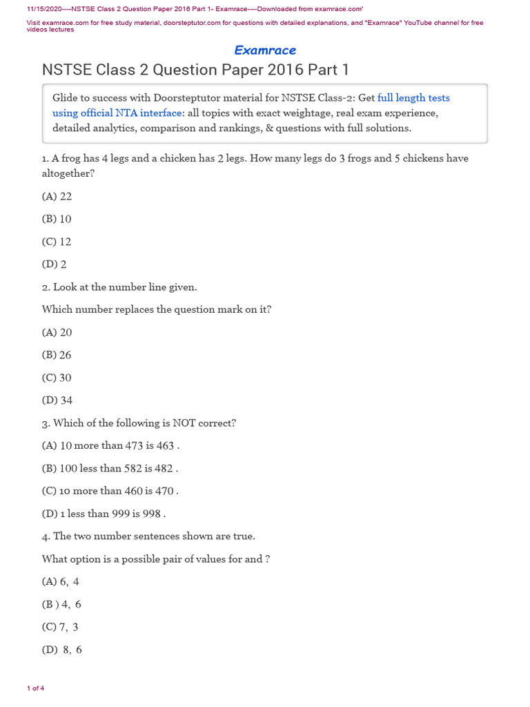 NSTSE Class 2 Question Paper 2016 Part 1 | PDF