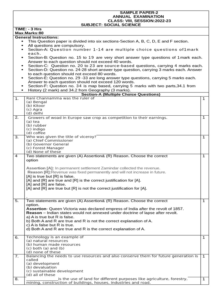 class 8 half yearly sample paper 2 | PDF