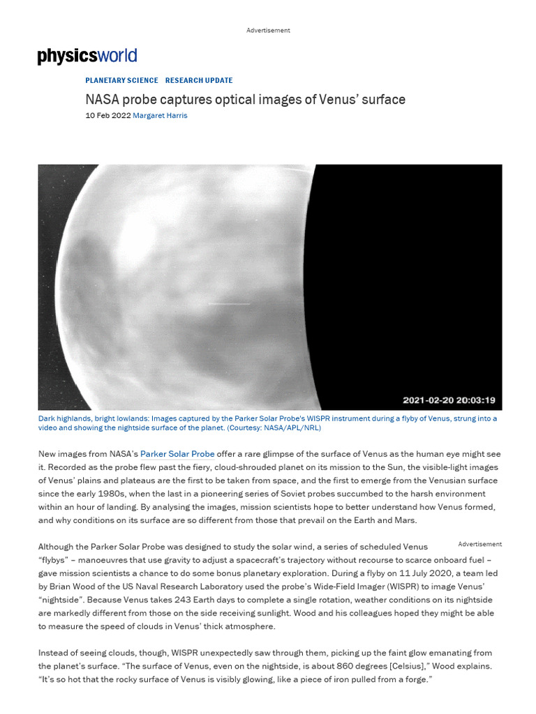 NASA Probe Captures Optical Images of Venus Surface Physics World | PDF