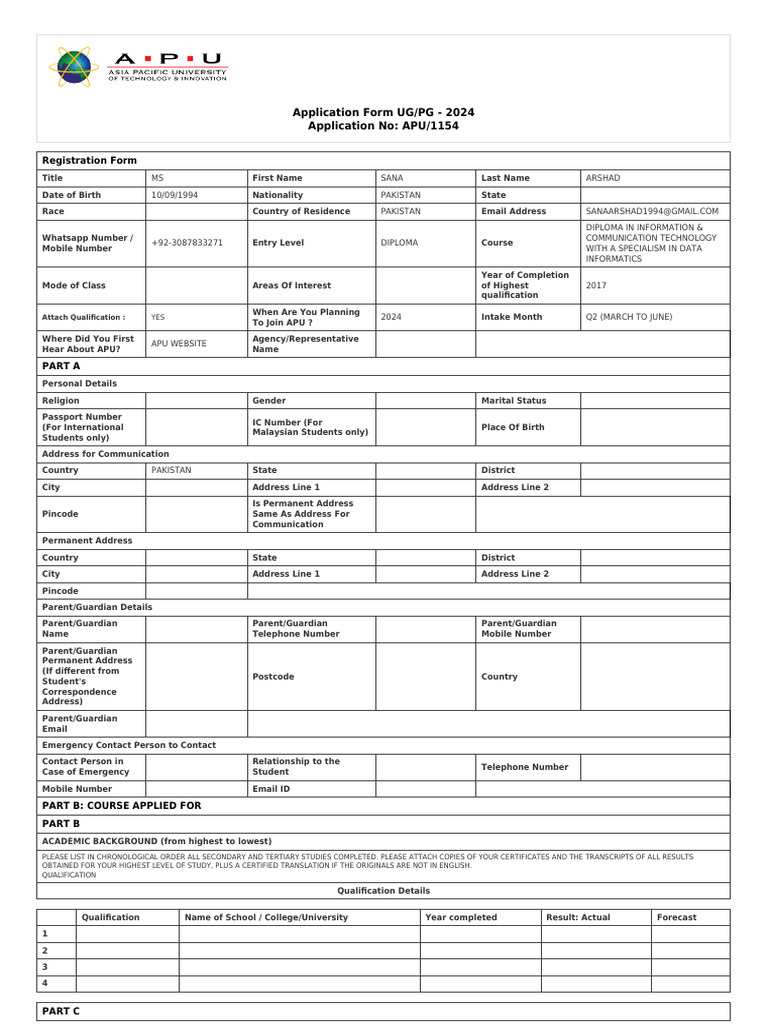 Application Form APU 1154 | PDF