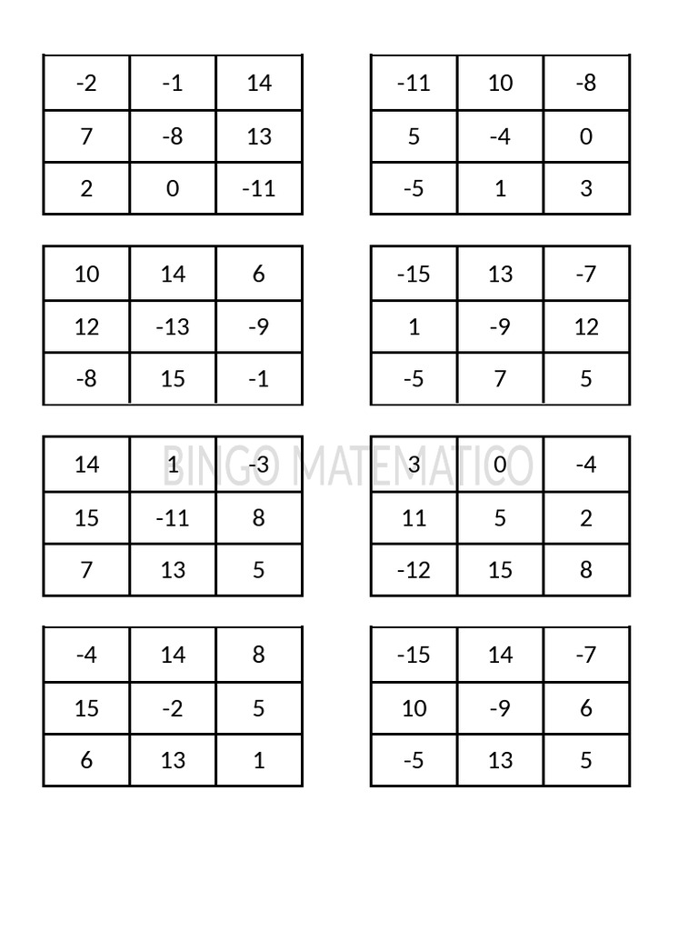 Bingo de Numeros Enteros | PDF