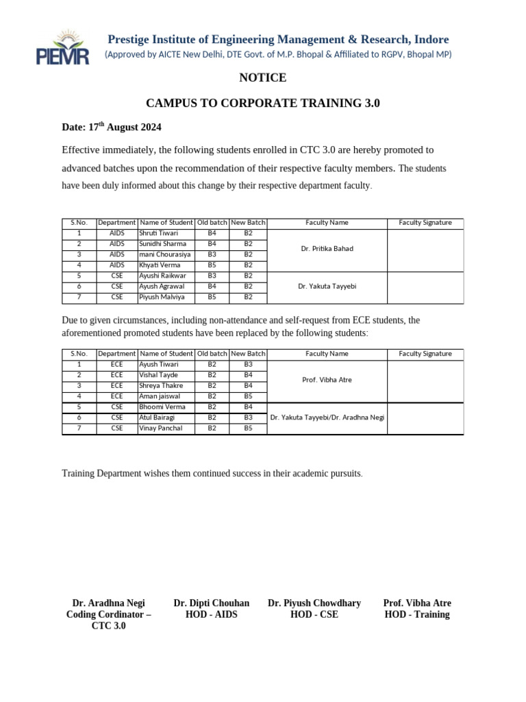 NOTICE - New Promotion of Students to Advance Batch Coding | PDF