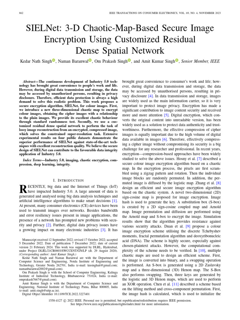 SIELNet 3-D Chaotic-Map-Based Secure Image Encryption Using Customized Residual Dense Spatial ...