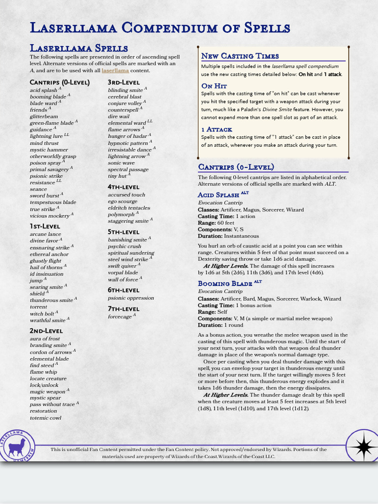 Laserllama Compendium of Spells - GM Binder | PDF