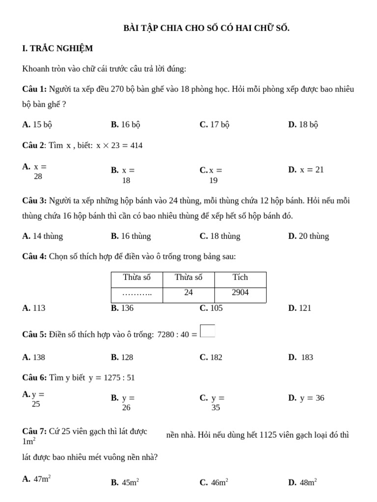 Bai Tap Chia Cho So Co Hai Chu So Thuong Co Chu So 0 Lop 4 | PDF