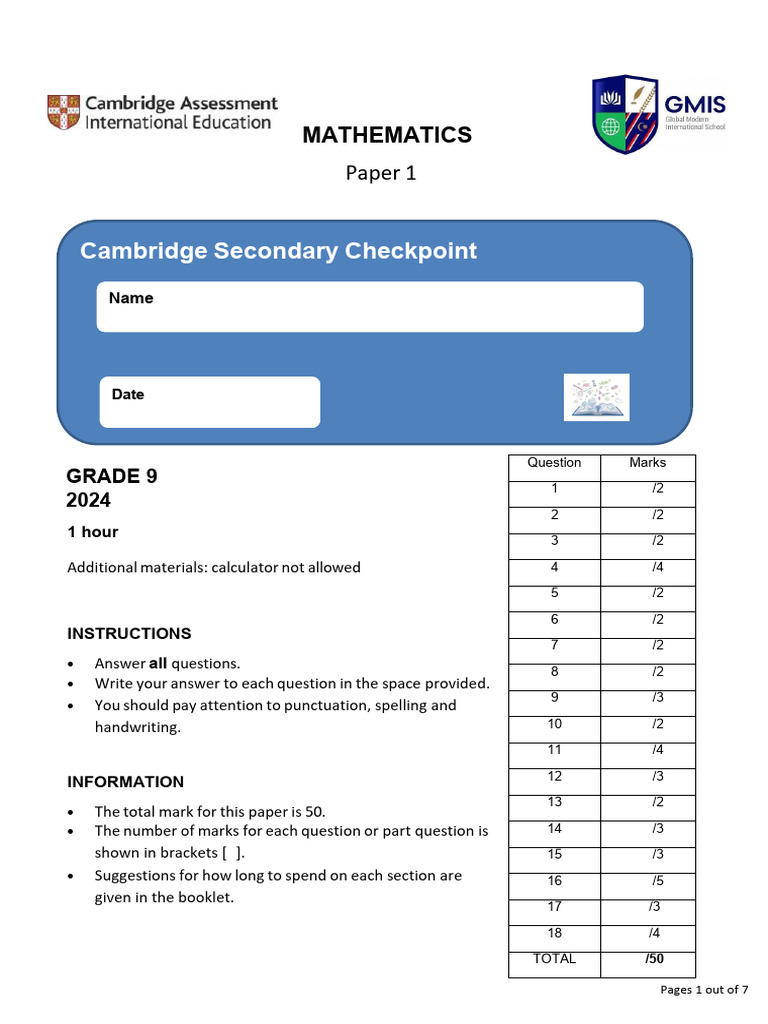 Exam Paper 1 Grade 9 MATHEMATICS | PDF