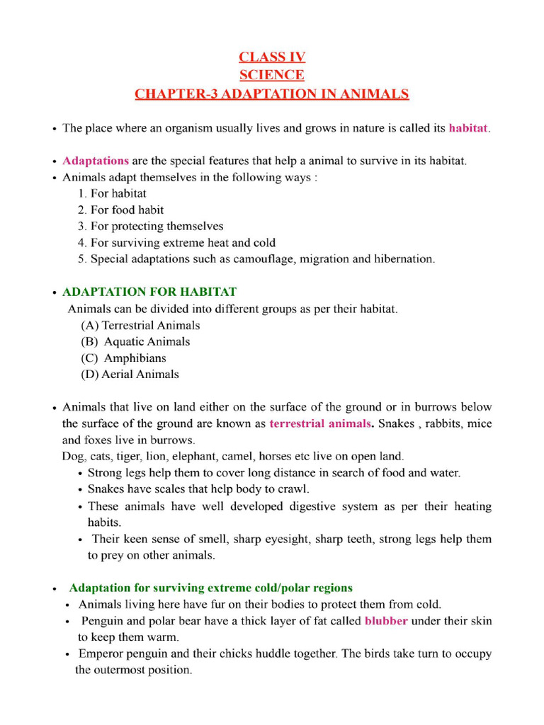 Class 4_science Chapter -3 Adaptations in Animals | PDF