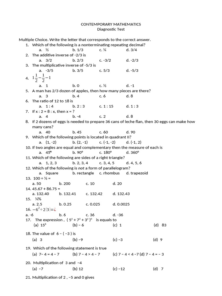 Diagnostic Test in Contemporary Mathematics 2020 | PDF | Geometry ...