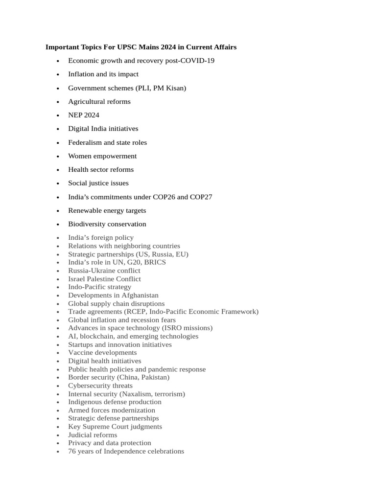 Important Topics For UPSC Mains 2024 in Current Affairs | PDF