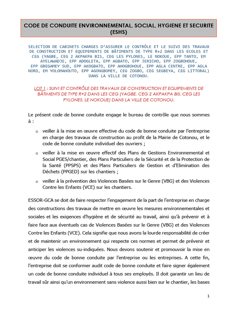 Lot 1 - CODE DE BONNE CONDUITE DU BUREAU DE CONTRÔLE | PDF