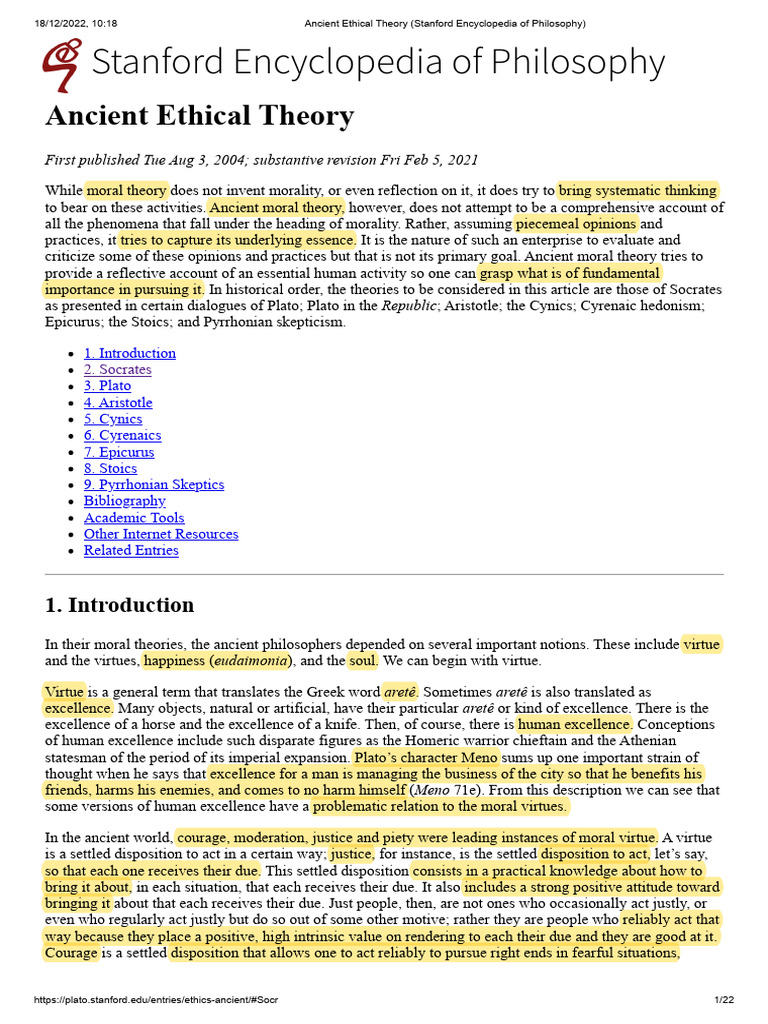 Ancient Ethical Theory (Stanford Encyclopedia of Philosophy) | PDF