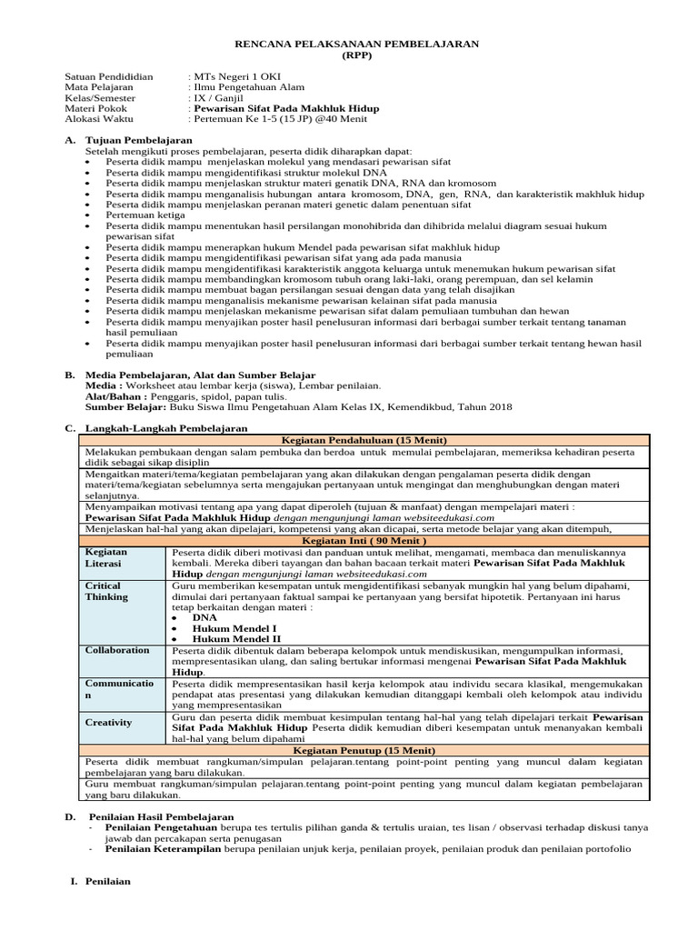RPP 1 Lembar IPA Kelas 9 k13 Pewarisan Sifat | PDF