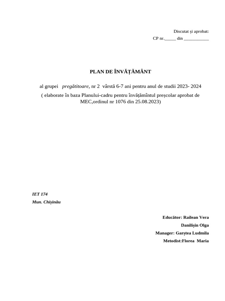 Model, Plan de Învățământ, GR Pregătitoare !1 | PDF