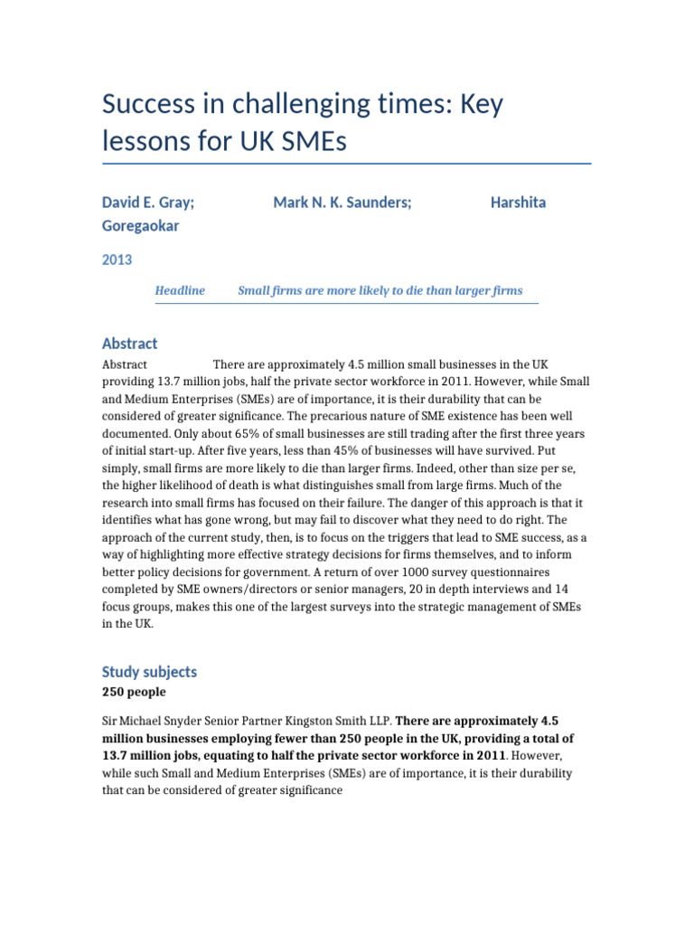 Success in Challenging Times Key Lessons For UK SMEs - Summary Report ...