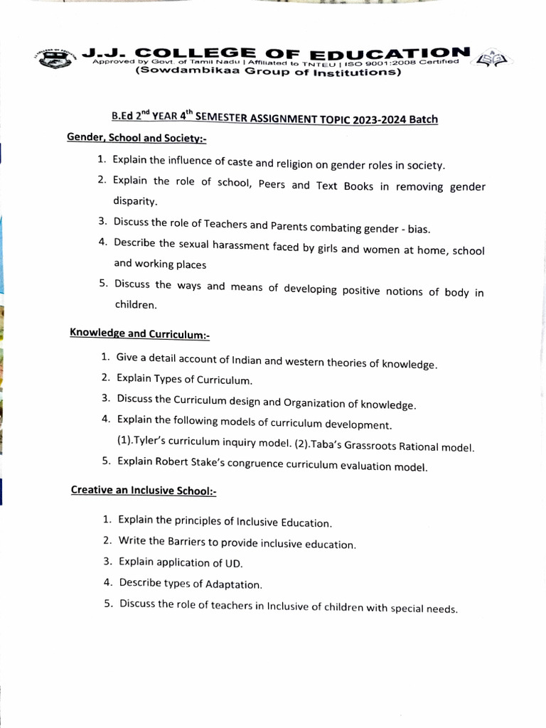 B.Ed 2nd Year 4th Sem Assignment 2022-24 Batch | PDF