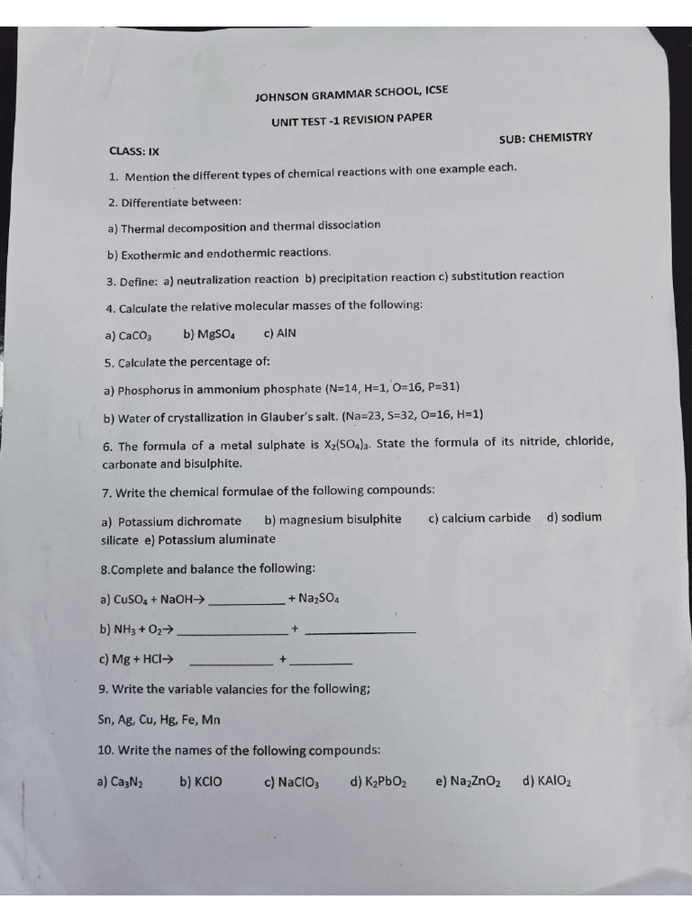 Grade 9 UT 1 Chemistry Revision Paper | PDF