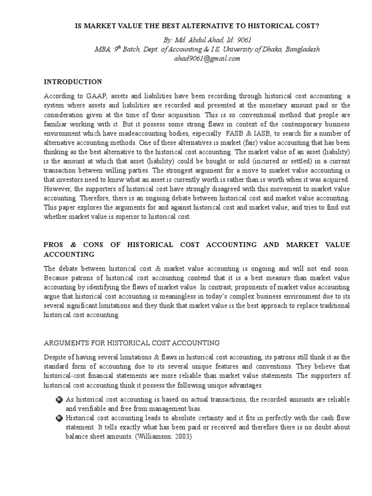 Market Value vs Historical Cost Debate | PDF | Historical Cost | Debits ...