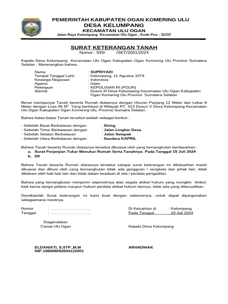 Surat Keterangan Tanah (SKT) | PDF
