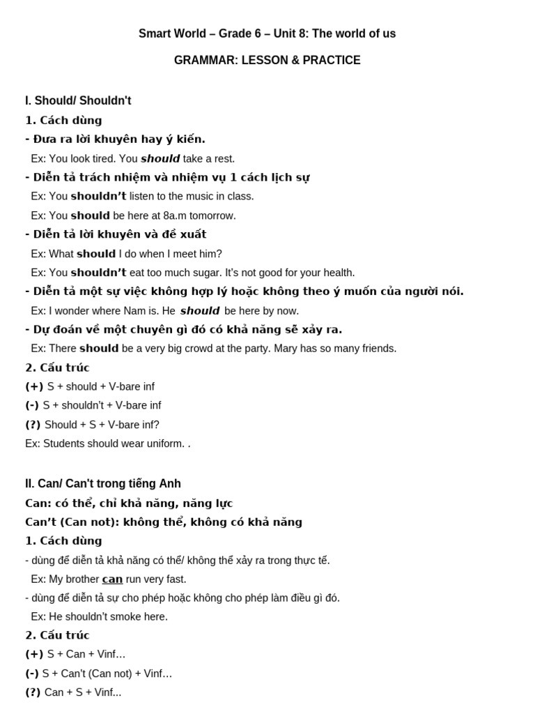 GR 6 - SW - Unit 8 - Grammar & Practice | PDF