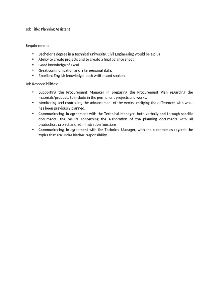 Job Description-Planning Assistant | PDF