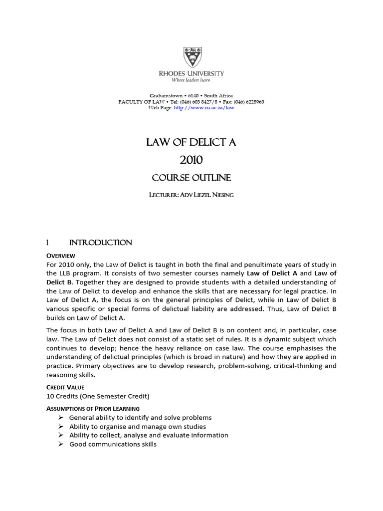 Law of Delict A | PDF