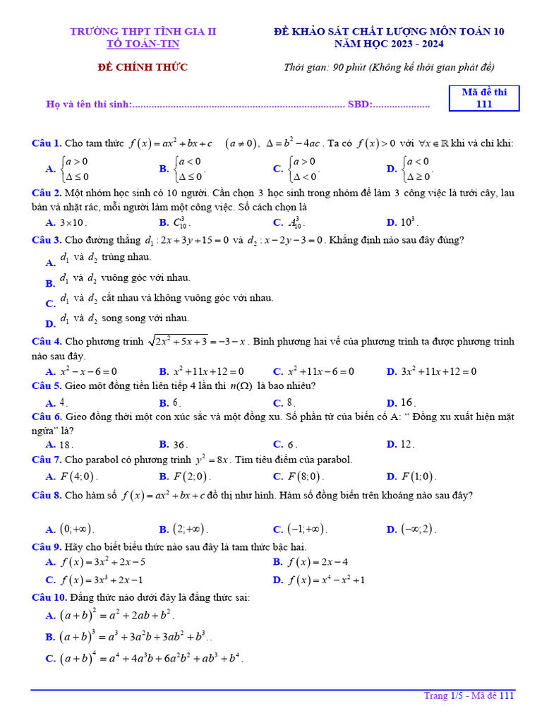 De Khao Sat Chat Luong Toan 10 Nam 2023 2024 Truong THPT Tinh Gia 2 Thanh Hoa | PDF