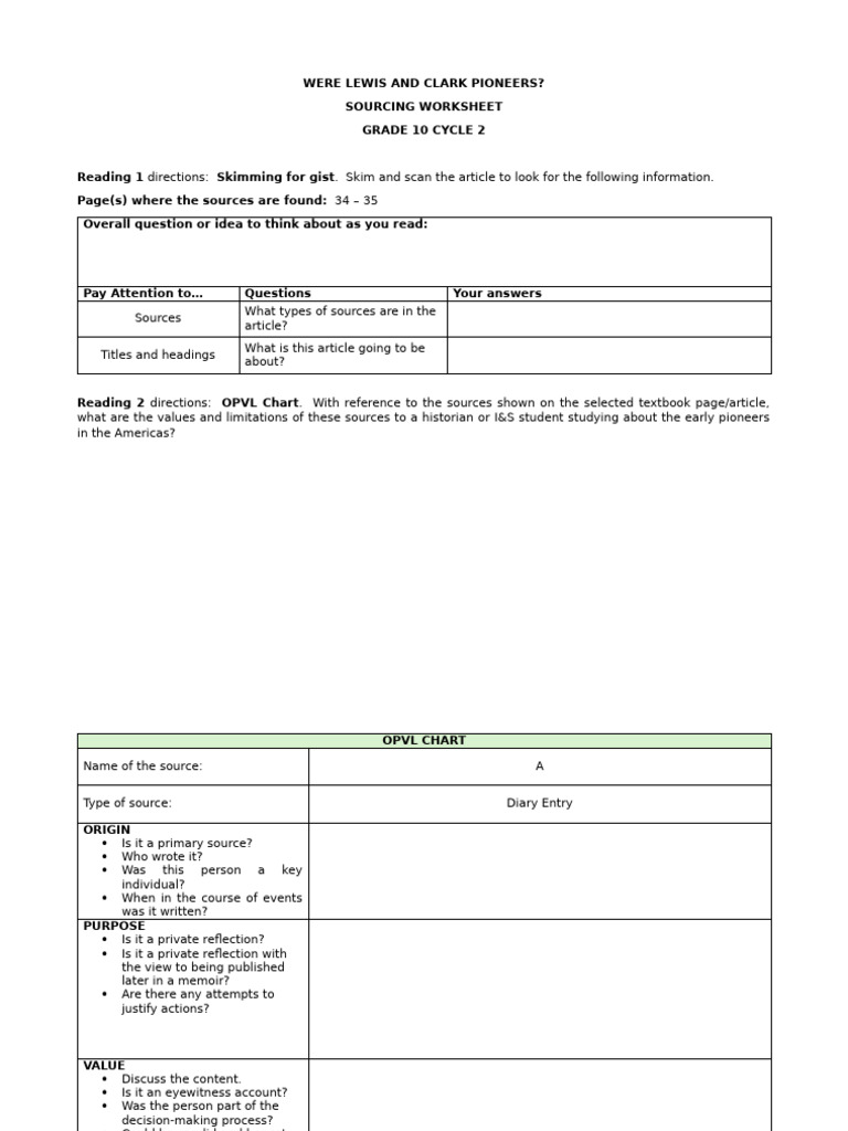 Analyze Sources OPVL Worksheet - STUDENT | PDF