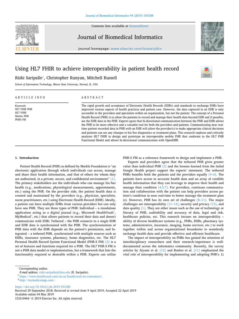 Saripalle - 2019 - Using HL7 FHIR To Achieve Interoperability in Patient Health Record | PDF