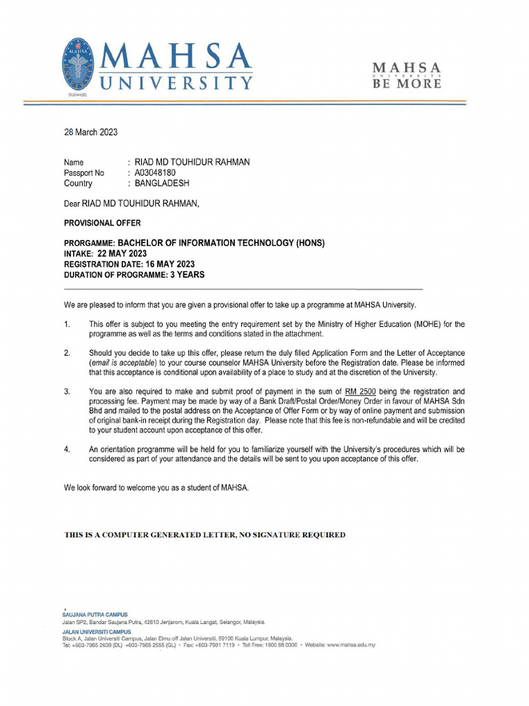 Provisional Offer Letter RIAD BIT 1 | PDF