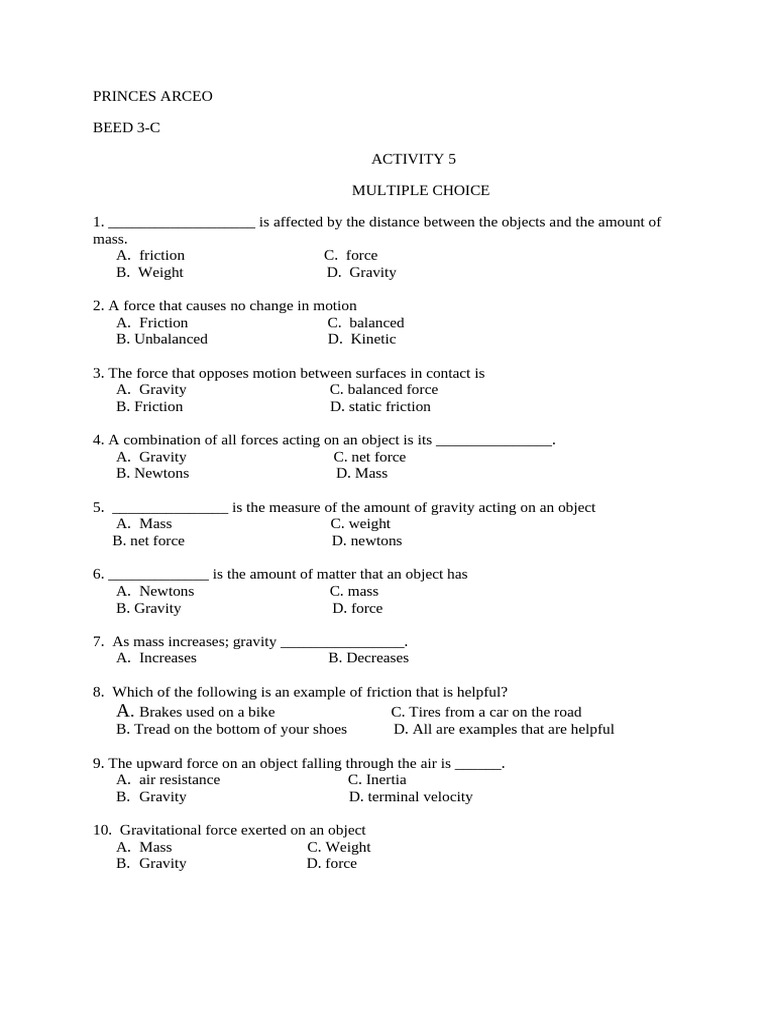 Activity 5 Multiple Choice | PDF