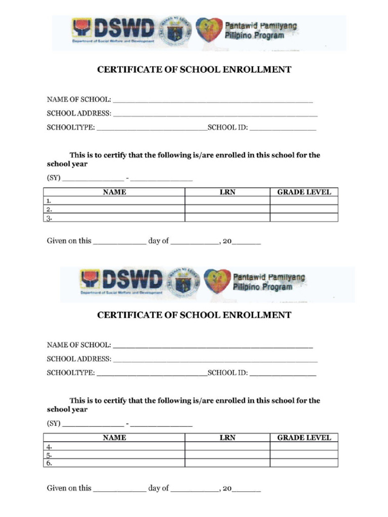4ps School Enrollment Certificate | PDF