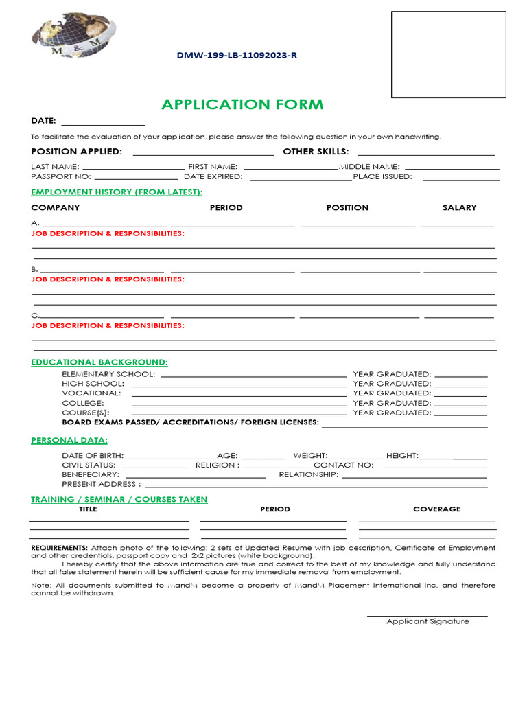 MandM Placement Employment Application | PDF | Career & Growth