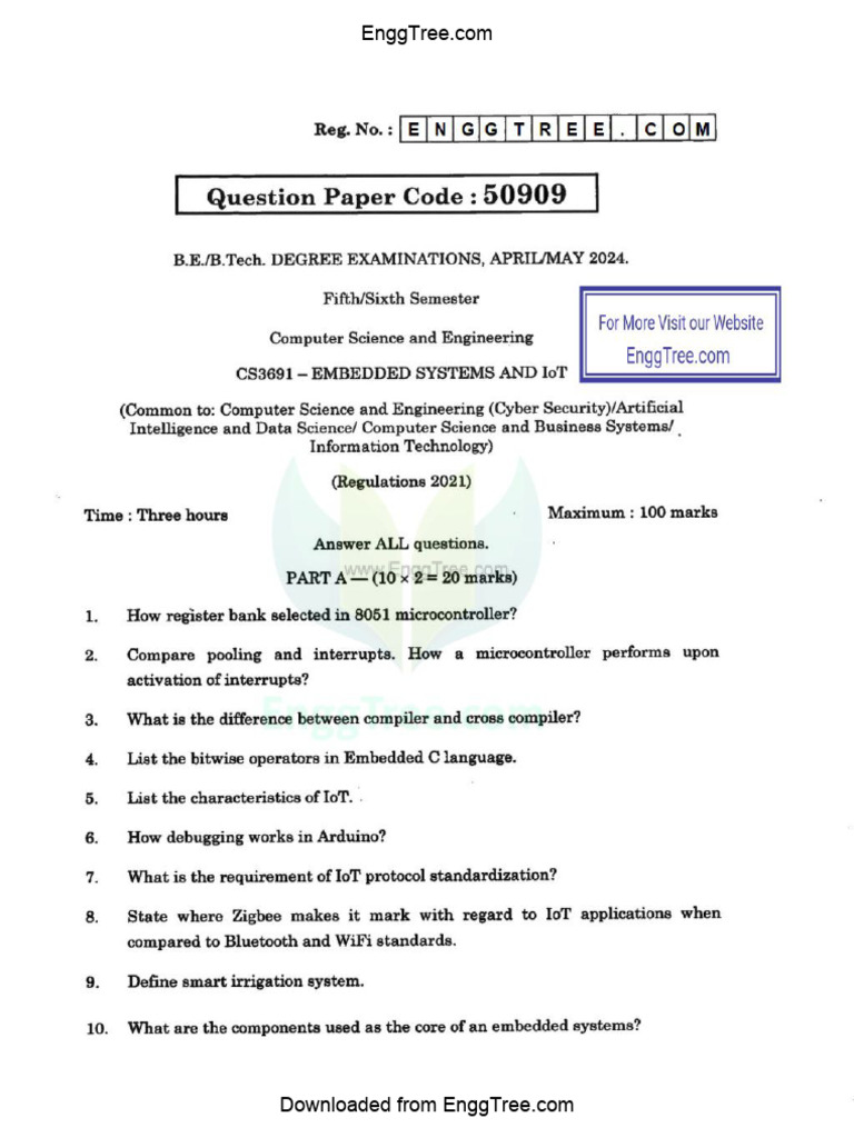 CS3691 Embedded Systems and IoT Apr May 2024 Question Paper Download ...