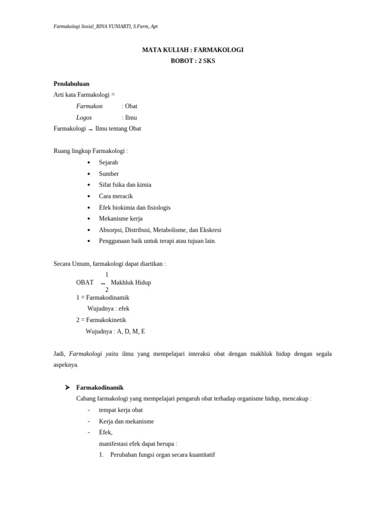 Farmakon Logos: Mata Kuliah: Farmakologi Bobot: 2 Sks | PDF