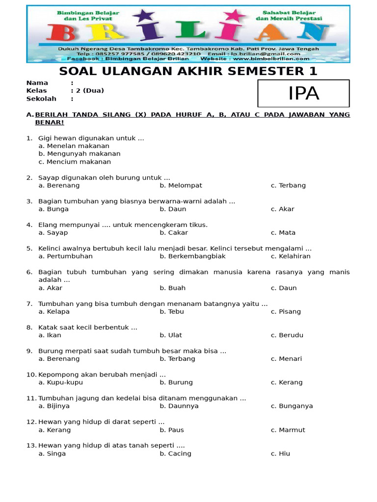 Soal UAS IPA Kelas 2 SD Semester 1 Ganjil Dan Kunci Jawaban WWW Bimbelbrilian Com PDF | PDF